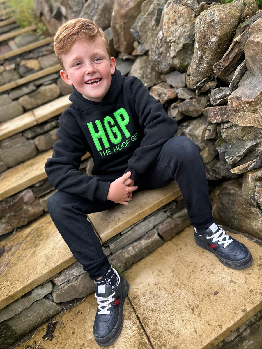 Kids Black Hoodie with Green Emblem – The Hoof GP Merch